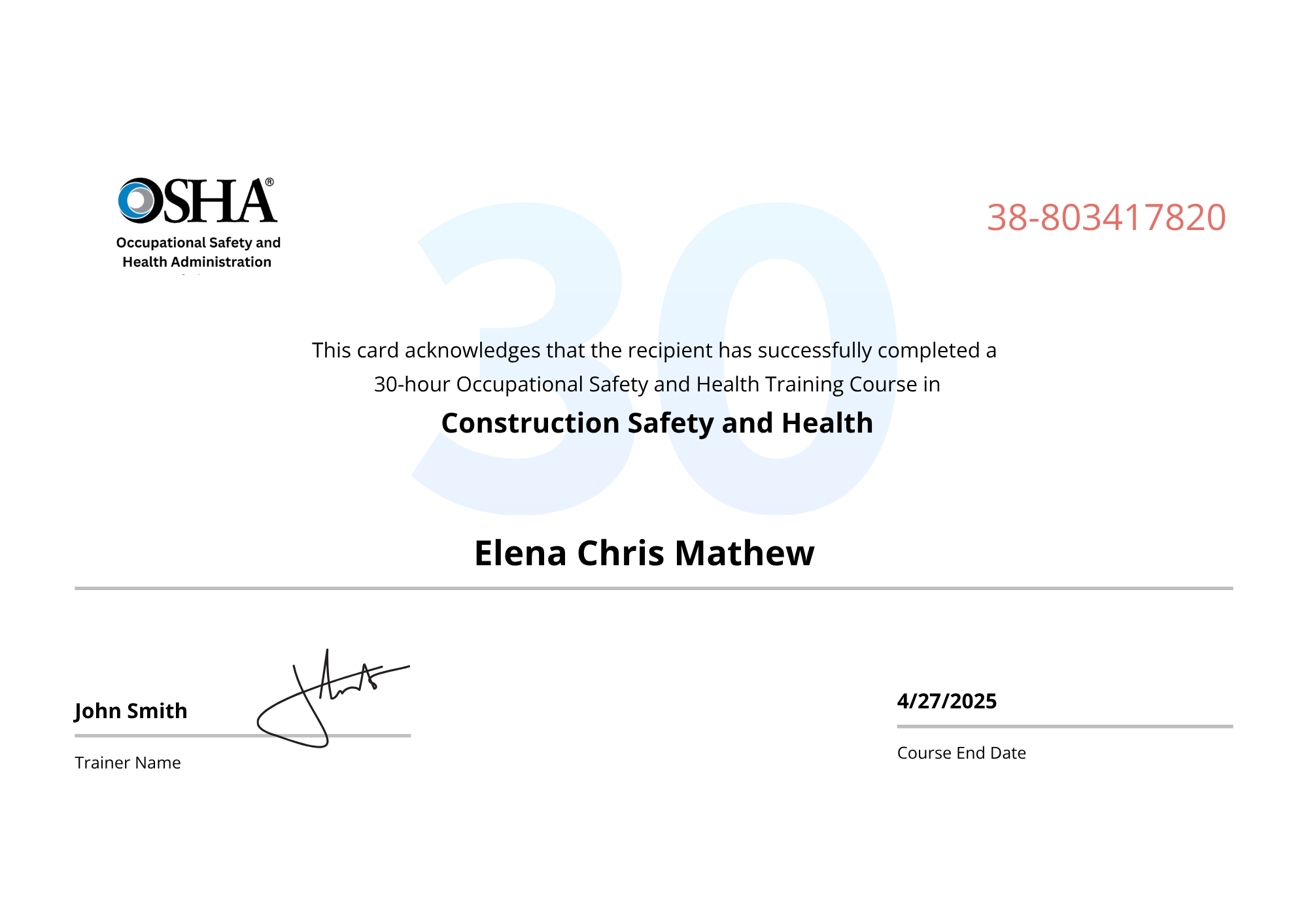OSHA Card Template For Construction Safety Training
