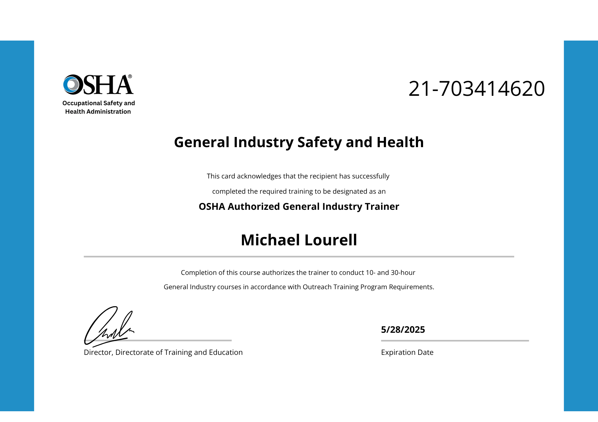 OSHA Card Template for General Industry Safety