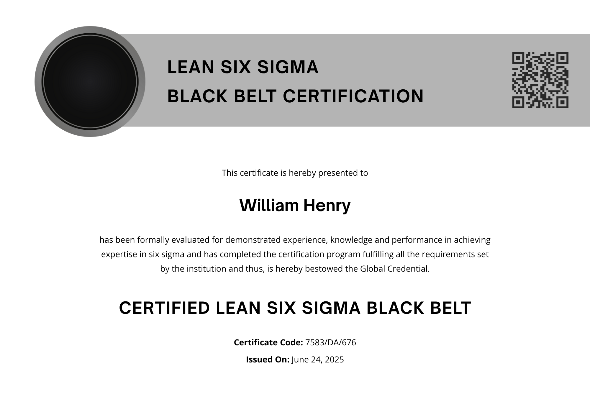 Six Sigma Certificate Template with Simple Layout
